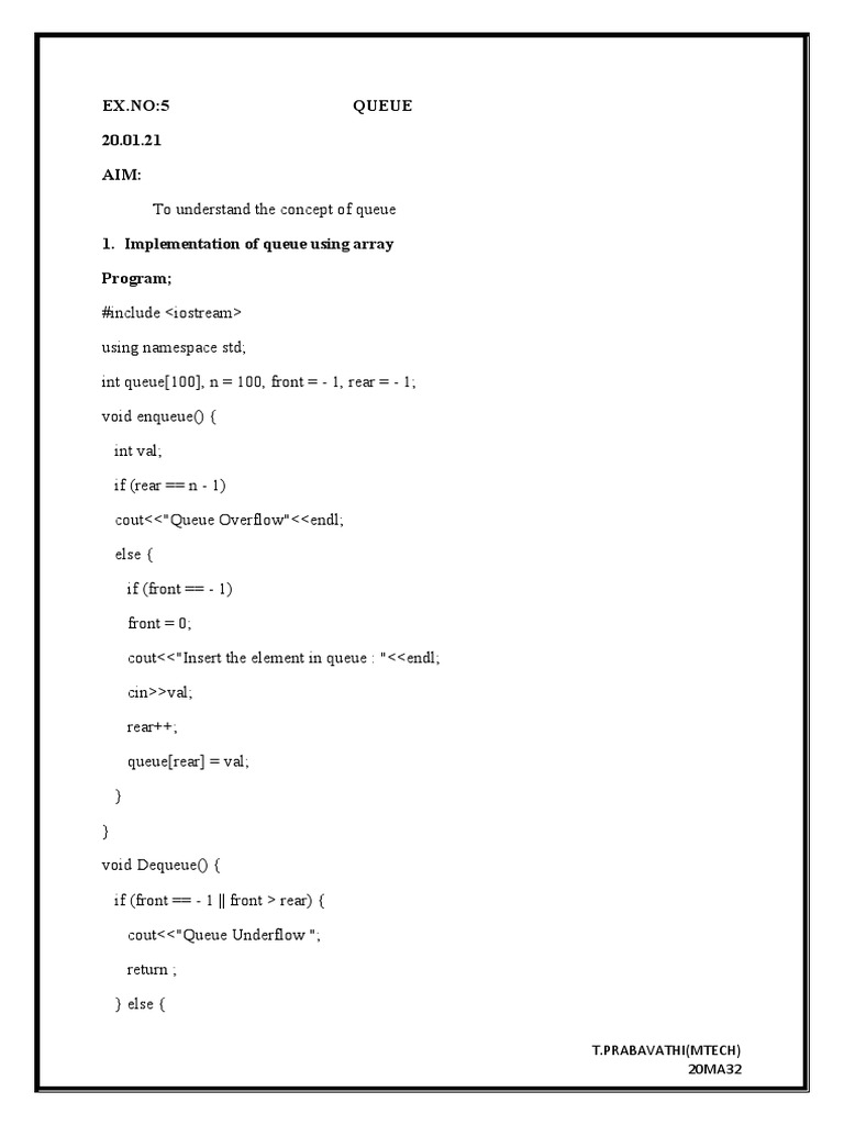 Ex 5 Queue | PDF | Queue (Abstract Data Type) | Computer Engineering