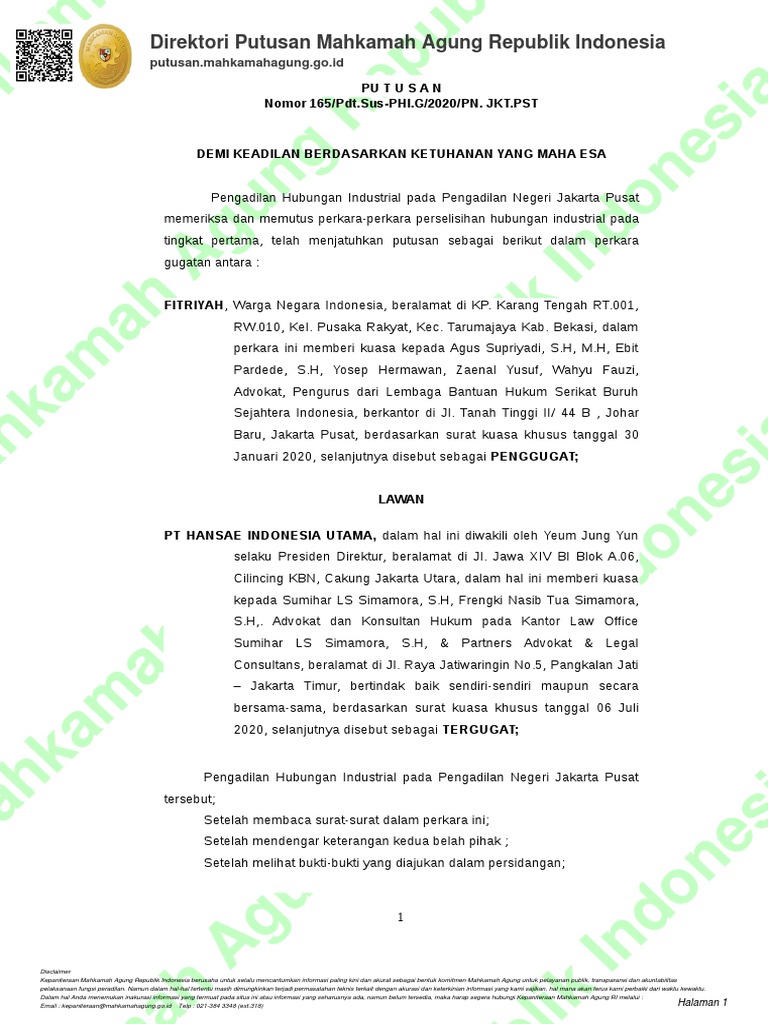 Putusan 165 PDT - Sus-Phi 2020 PN JKT - PST 20201221 | PDF