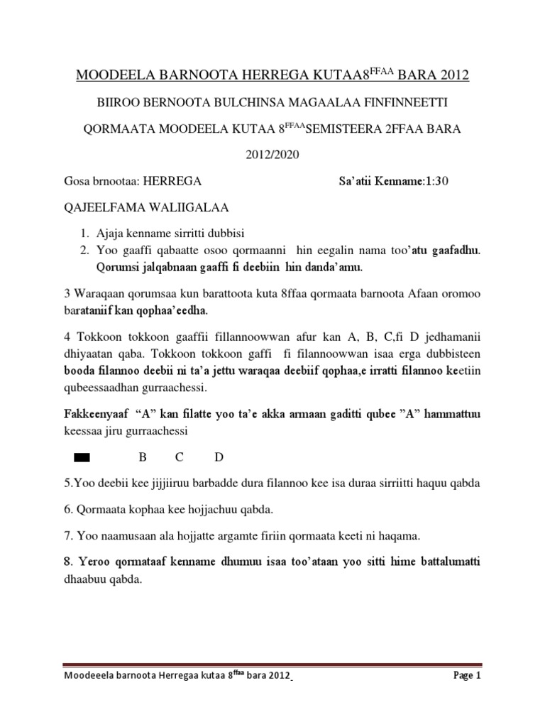 AFAAN ORO - MODEL Mathimatics Grade 8 | PDF