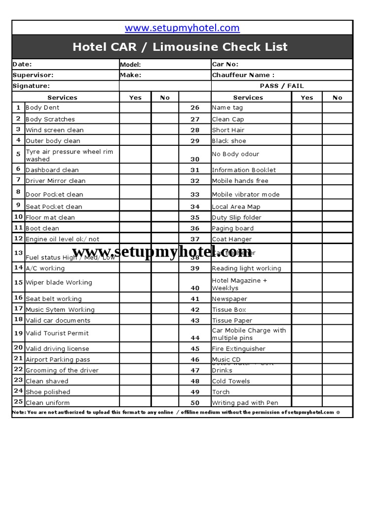 Hotel CAR - Limousine Checklist | PDF | Vehicles | Wheeled Vehicles