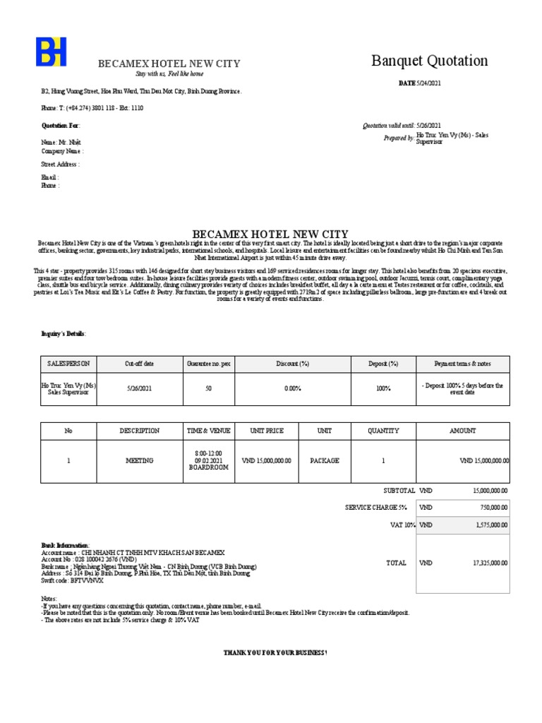 Banquet Quotation for Mr. Nhật | PDF | Hotel And Accommodation | Business