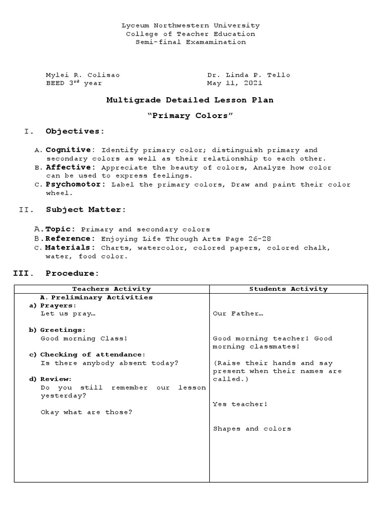 Detailed Lesson Plan Primary Colors Semis | PDF | Color | Red