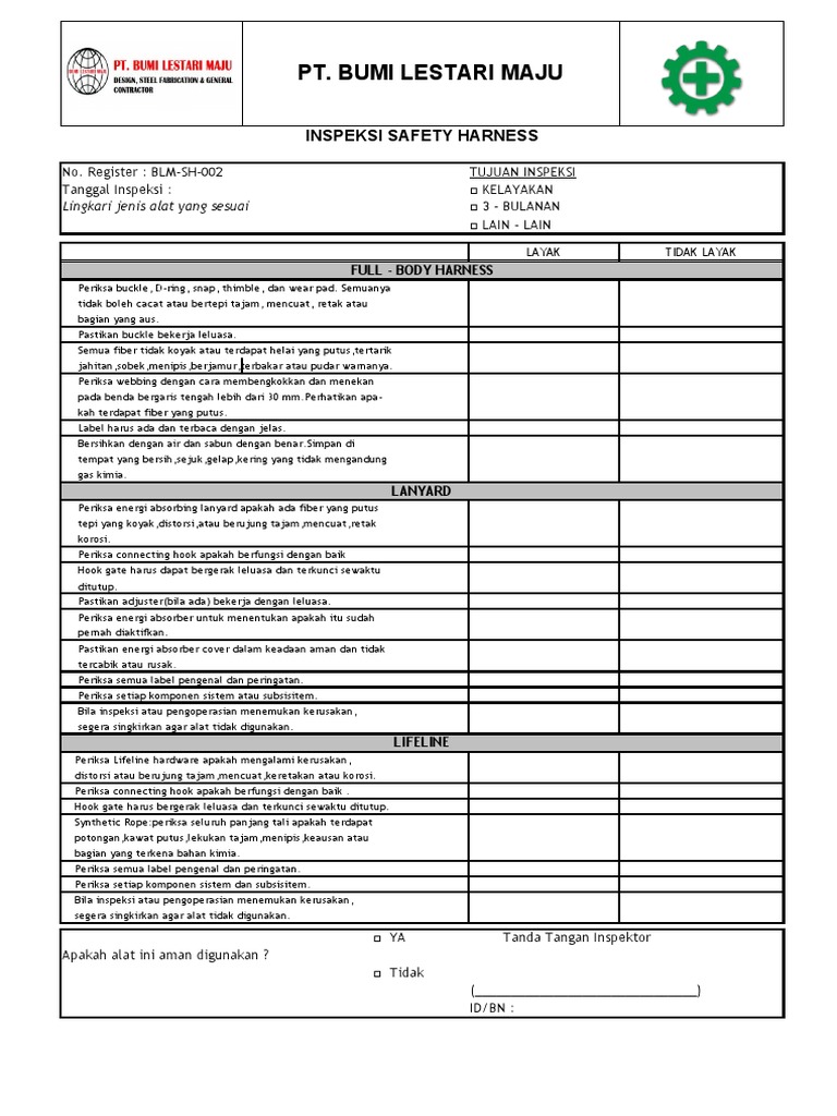 Form Inspeksi Safety Harness | PDF