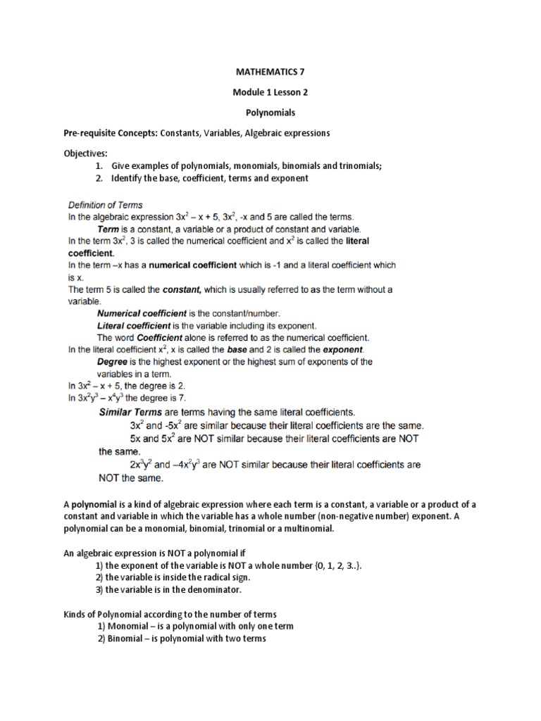 Mathematics 7 Module 1 Lesson 2 Polynomials Pre-Requisite Concepts ...