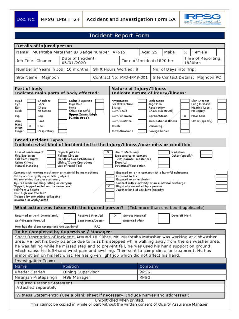 Incident Report Form: RPSG-IMS-F-24 Accident and Investigation Form 5A | PDF | Burn | Clinical ...