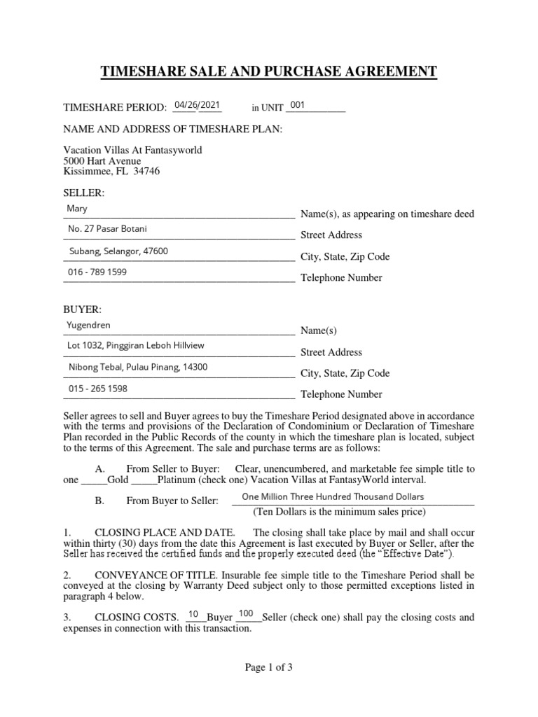 Timeshare Sale and Purchase Agreement: - in UNIT | PDF | Business Law ...