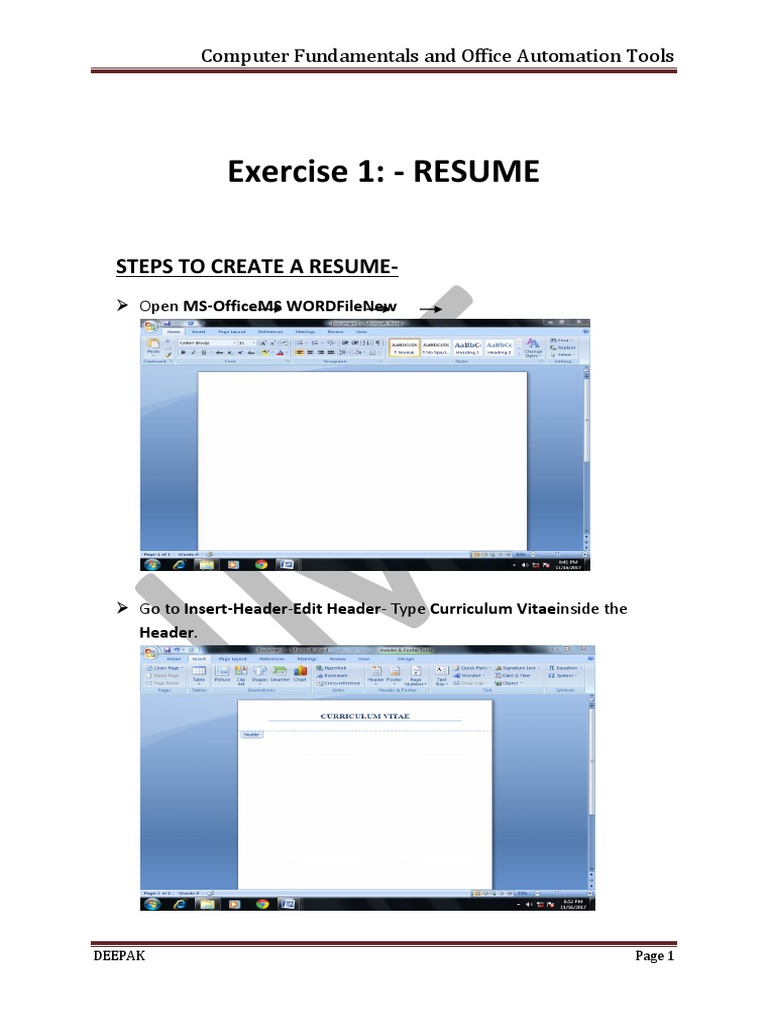 Exercise 1: - RESUME: Steps To Create A Resume | Download Free PDF ...