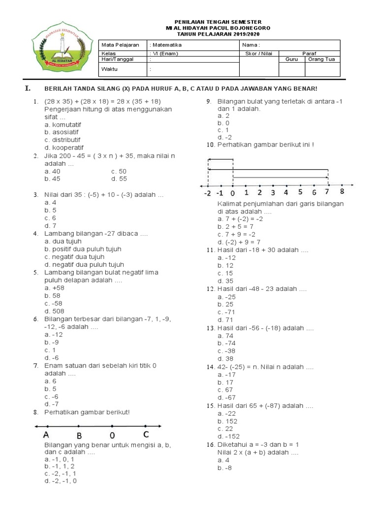 Soal PTS MTK 2019-2020 | PDF