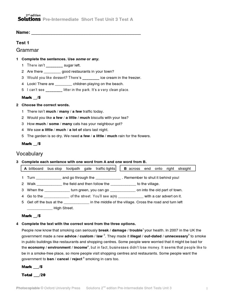 Grammar: Pre-Intermediate Short Test Unit 3 Test A | Download Free PDF ...