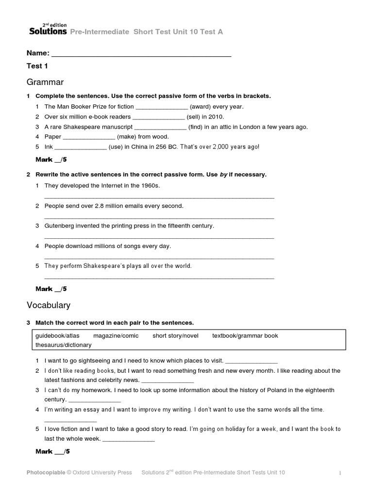 Grammar: Pre-Intermediate Short Test Unit 10 Test A | PDF | Books | Writing