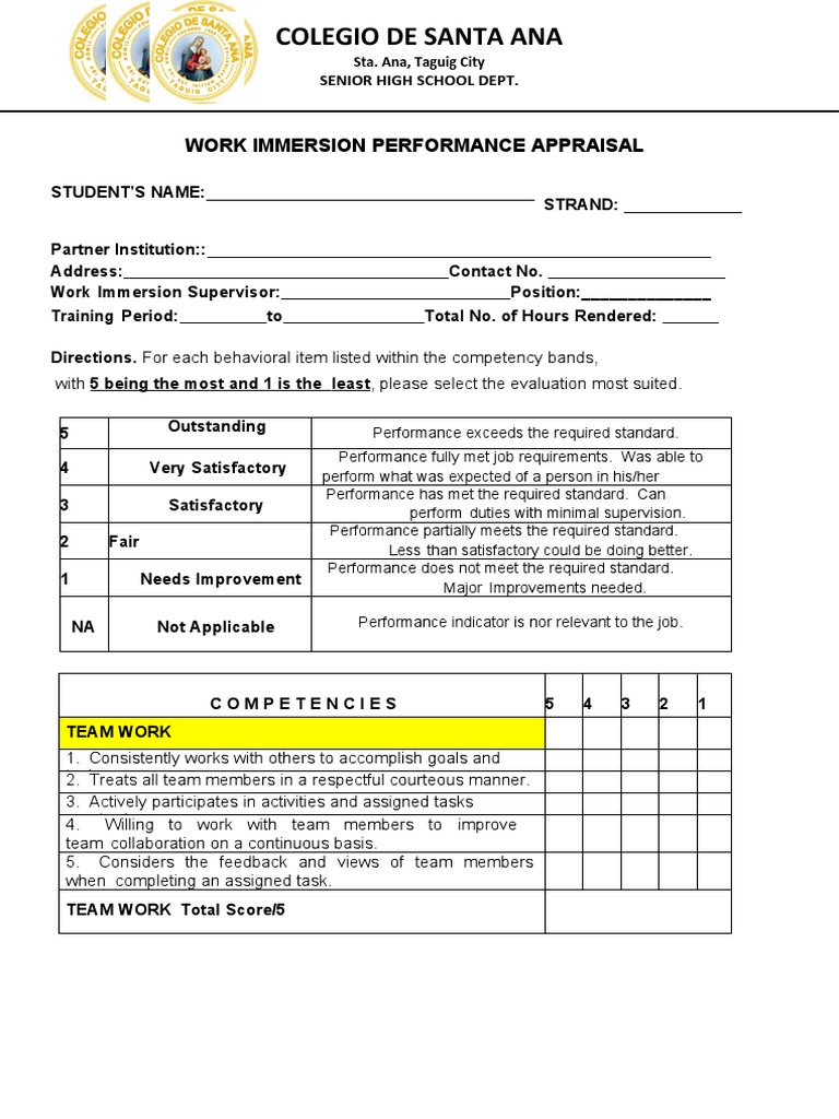 Work Immersion Appraisal | PDF | Performance Appraisal | Psychological ...