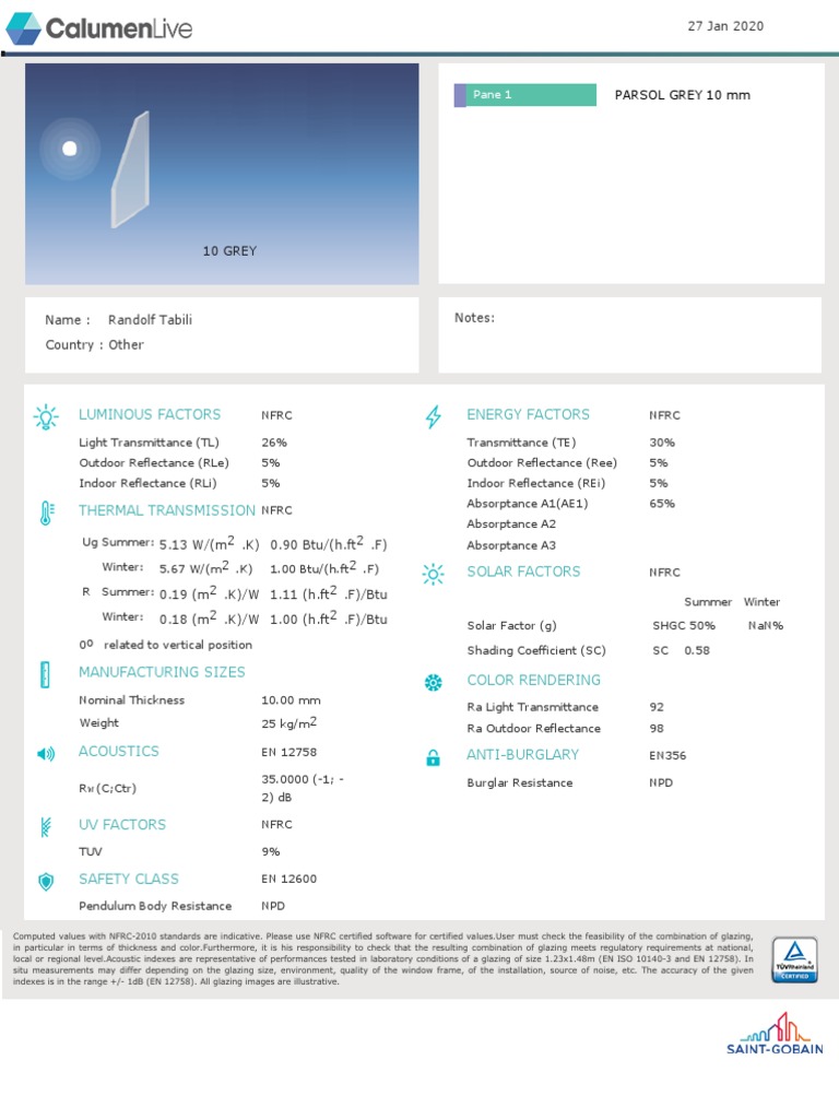 10mm Parsol Grey | PDF | Applied And Interdisciplinary Physics | Science