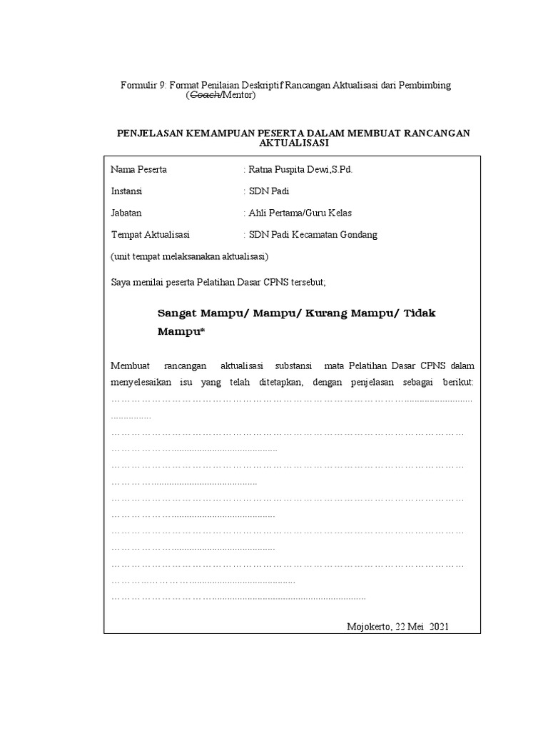 Form Penilaian Mentor Seminar R. Aktualisasi | PDF | Karier & Perkembangan