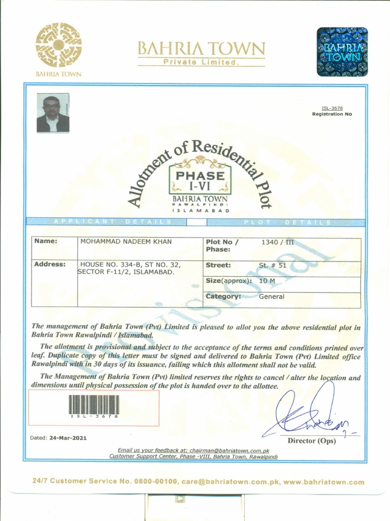 Bahria 3 Plot 1340 New Allotment Letter Nadeem Khan | PDF