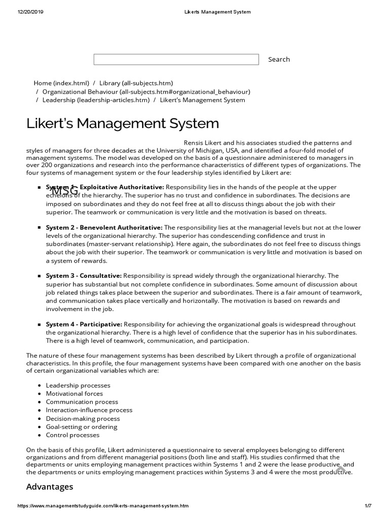 Likert's Four Management Systems Explained | PDF | Hierarchy | Motivation