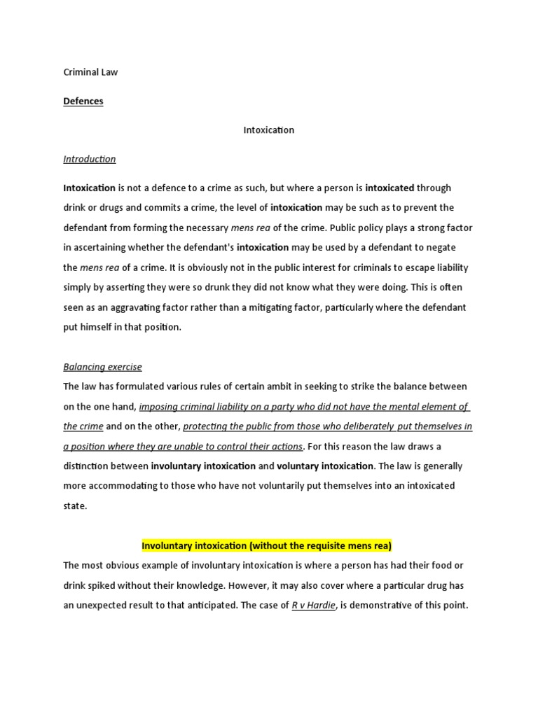 Lect. 13 Defences (Intoxication & Self-Defence) | PDF | Mens Rea ...