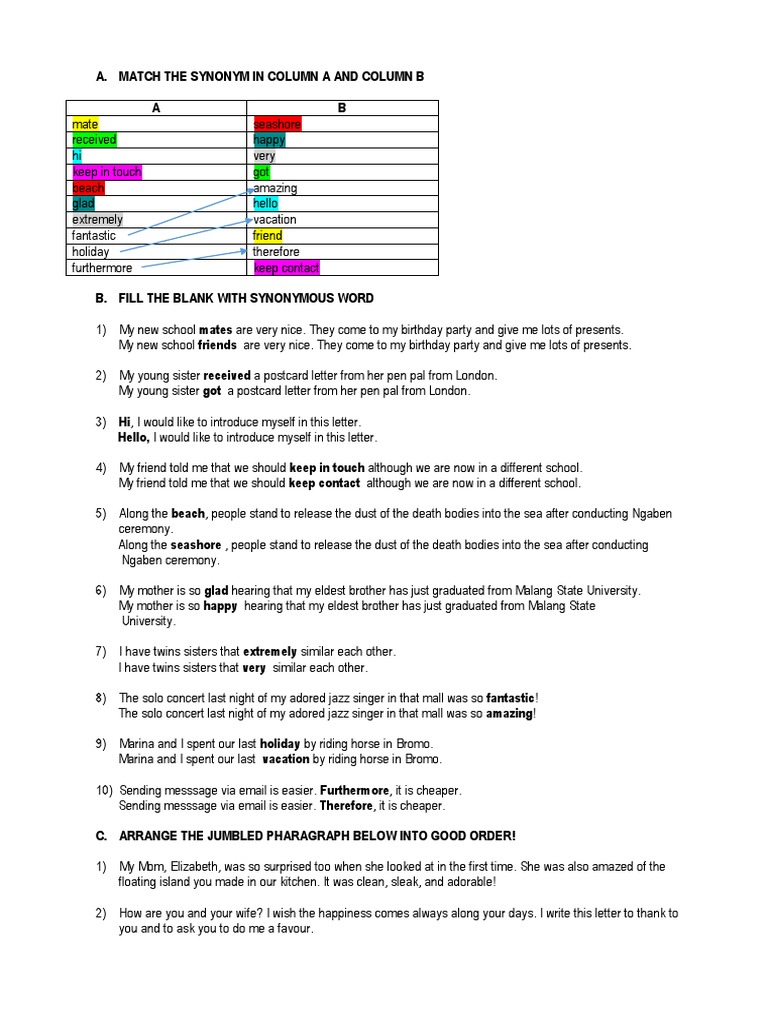 A. Match The Synonym in Column A and Column B A B | PDF | Kitchen