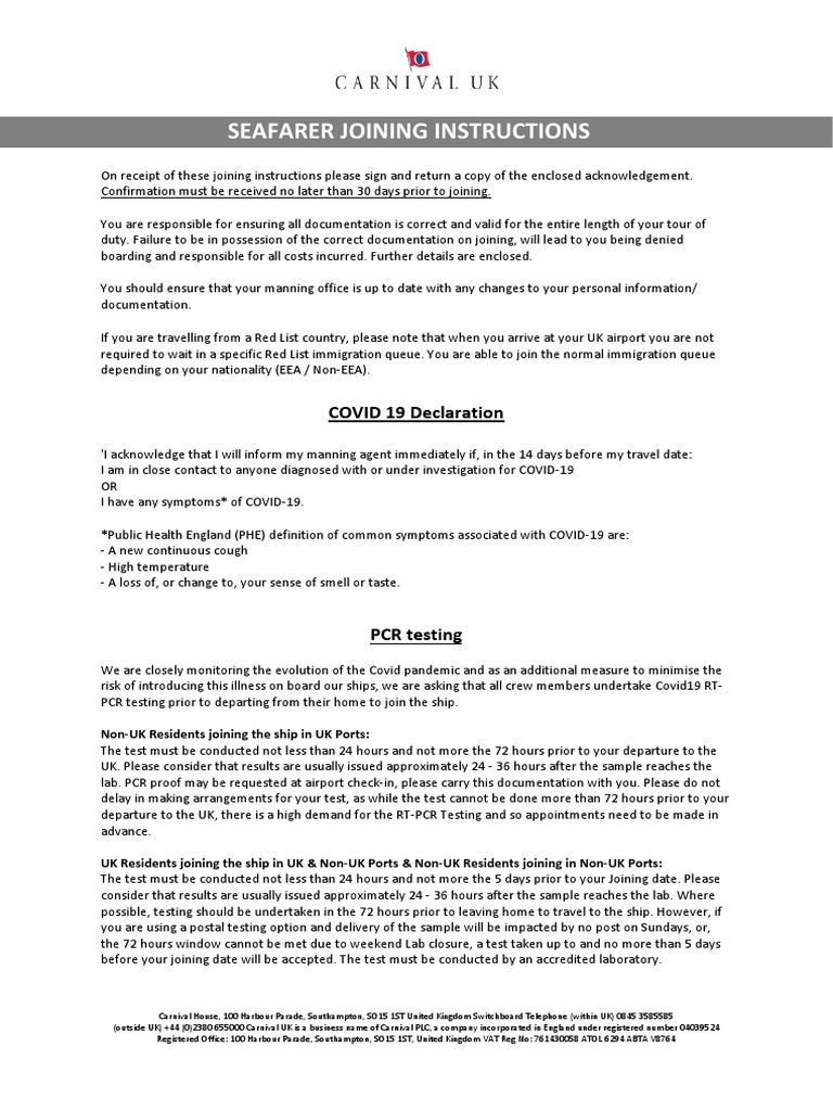 Seafarer Joining Instructions: COVID 19 Declaration | PDF | World Health Organization | Vaccination