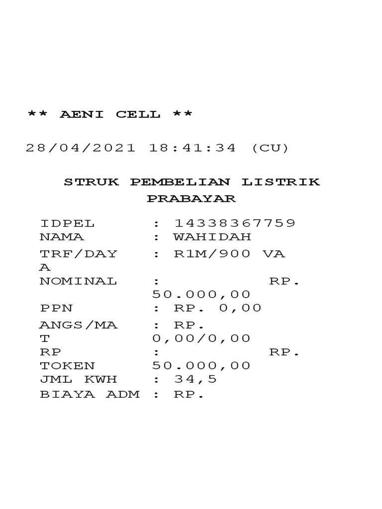 Contoh Struk Token Listrik | PDF