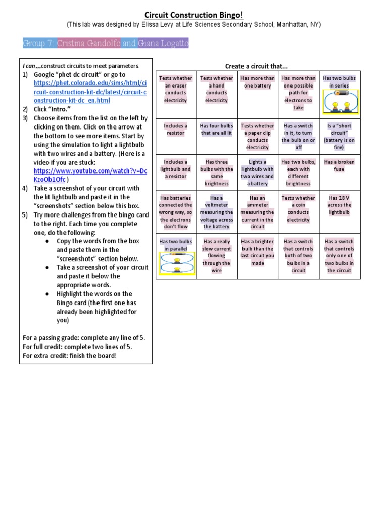 Circuit Construction Bingo LAB | PDF | Series And Parallel Circuits ...