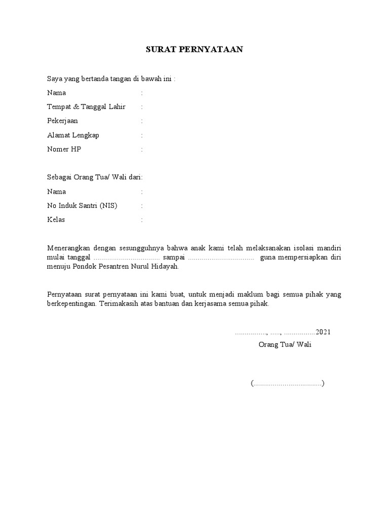 SURAT PERNYATAAN Masuk Pondok | PDF