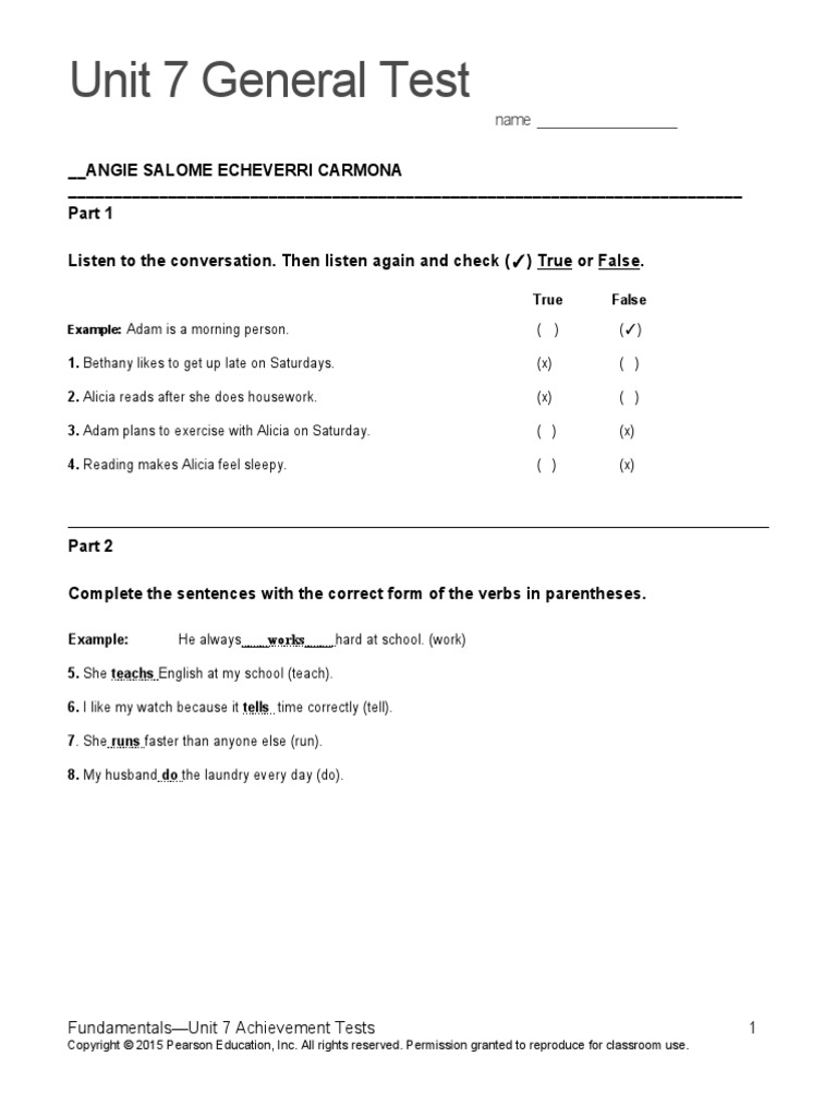 Top Notch Fundamentals Unit 7 Assessment | PDF