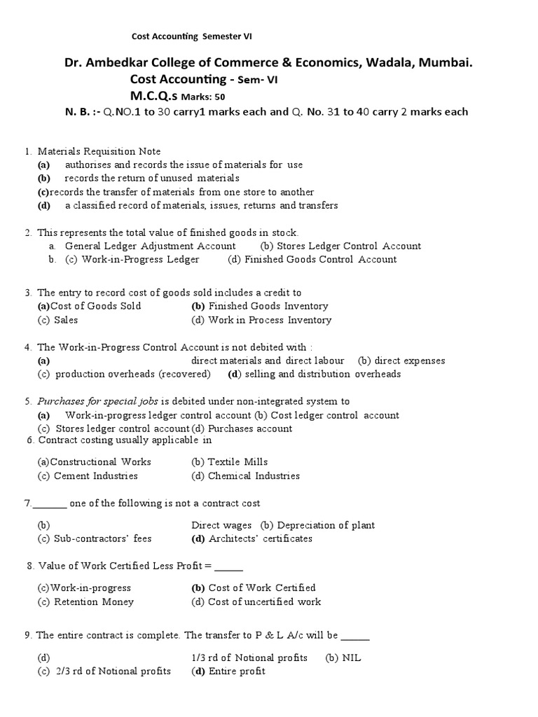 Cost Accounting Sample Question Paper (100 Marks & 75 Marks | PDF ...