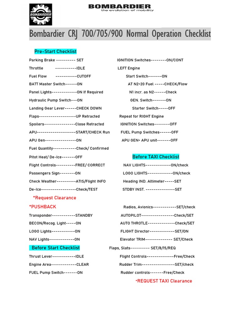 Bombardier CRJ Series Normal Checklist For Flight Crew | PDF | Takeoff ...