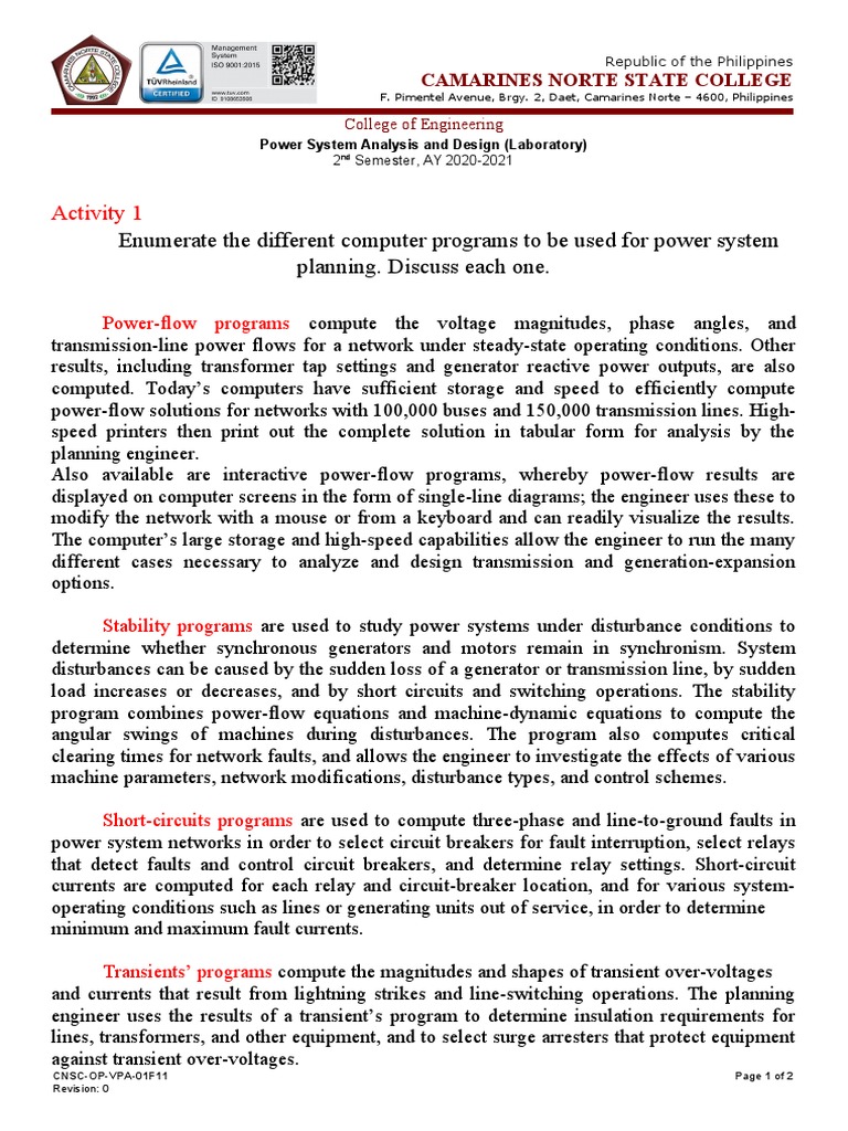 Activity 1 Power System Analysis and Design (Laboratory) | PDF ...