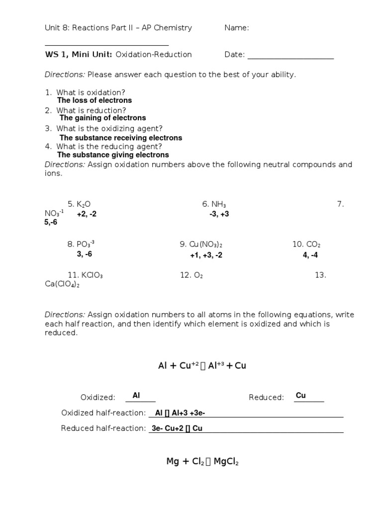 Redox Rxns - O.N. and Half-Reactions Practice Worksheet | PDF | Redox ...