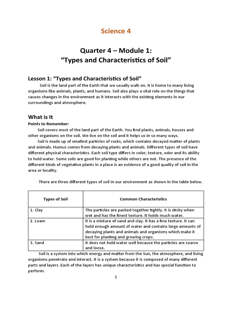 Quarter 4 - Module 1: "Types and Characteristics of Soil": Science 4 ...