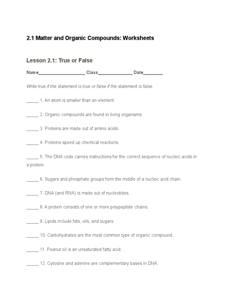 2.1 Matter and Organic Compounds - Worksheets | PDF | Nucleic Acids ...