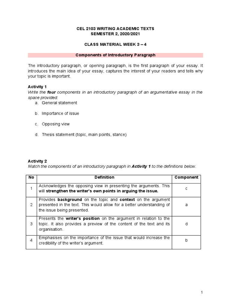 CEL2103 CLASS MATERIAL WEEK 3 - 4 - INTRODUCTORY PARAGRAPH - Student ...