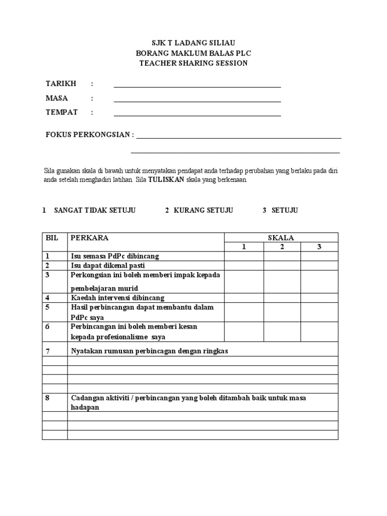 Borang Maklum Balas Teacher Sharing Session | PDF