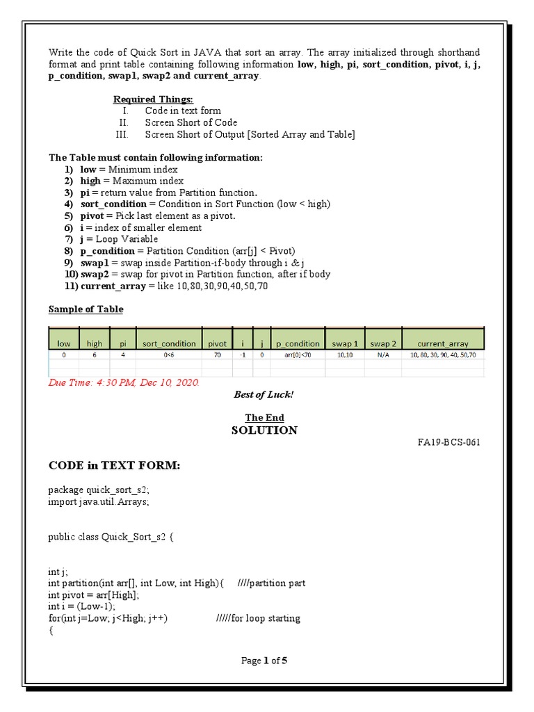 Write The Code Of Quick Sort In Java That Sort An Array Pdf Array