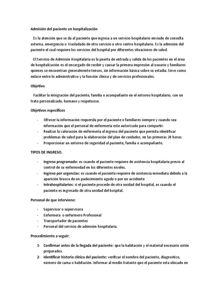Admisión Del Paciente en Hospitalización | PDF | Hospital | Enfermería