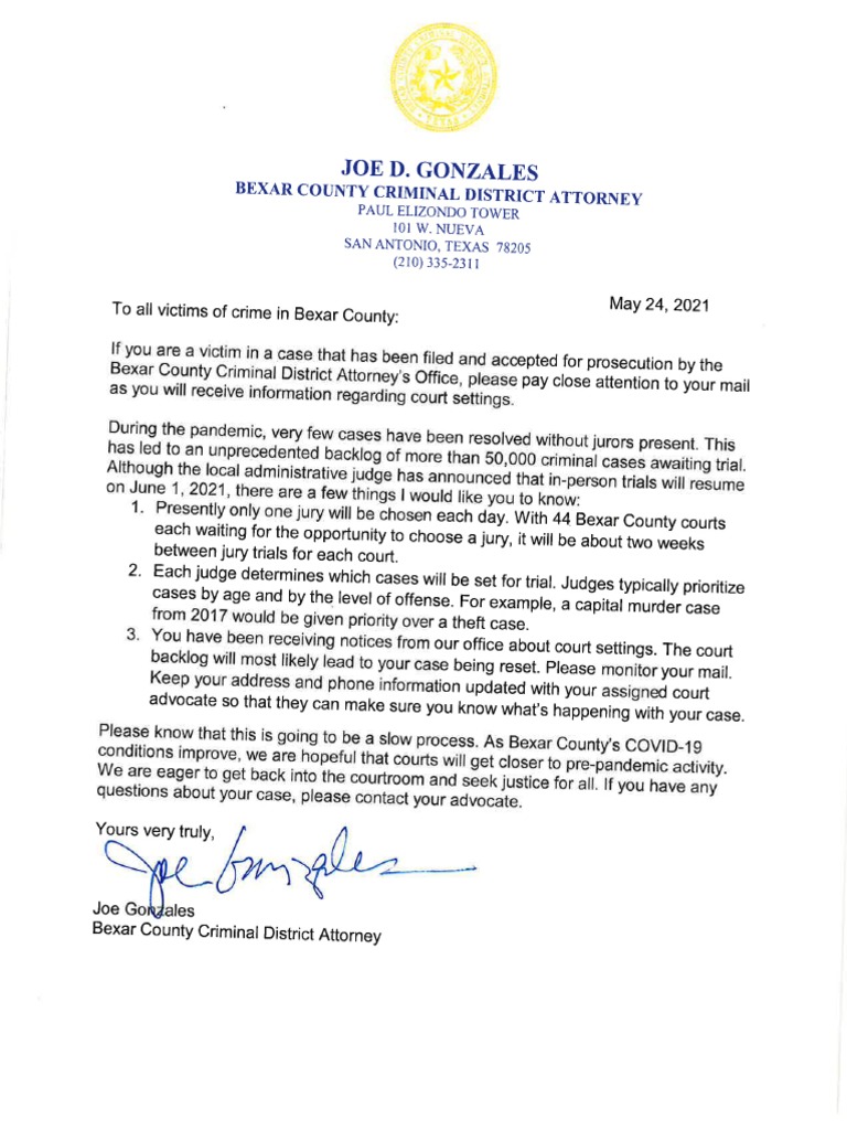 Bexar County DA Joe Gonzales' Letter To Crime Victims | PDF