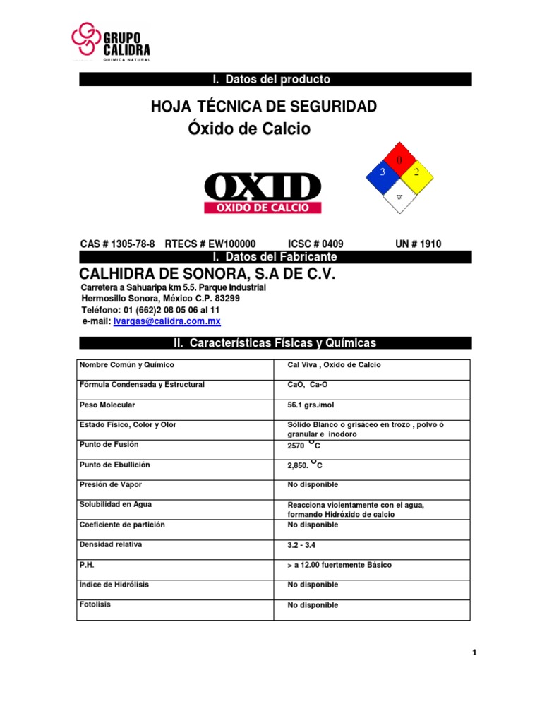 MSDS Oxido de Calcio Ii | PDF | Cloro | Agua