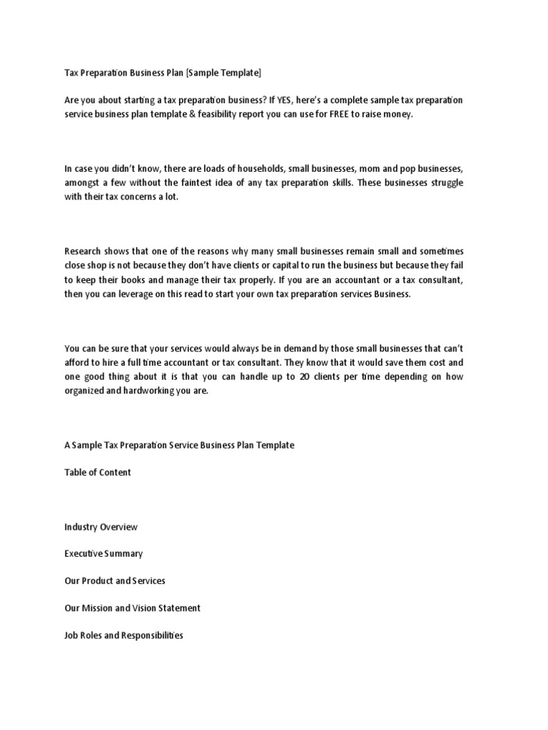Tax Preparation Business Plan Template | PDF | Recession | Consultant