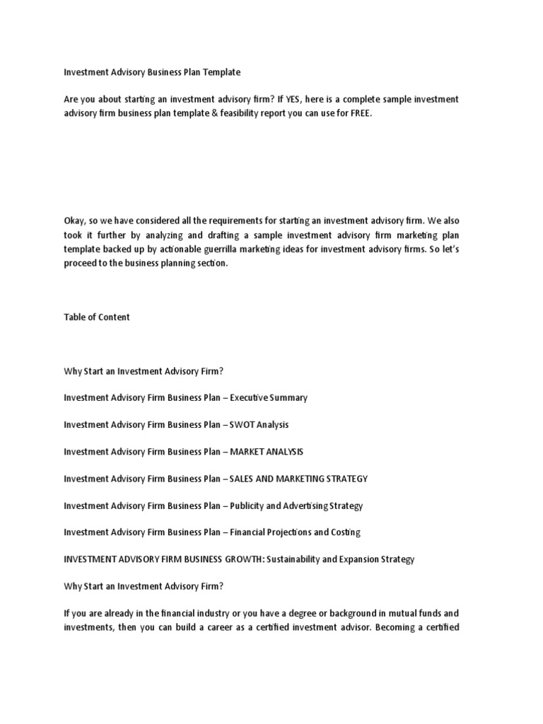 Investment Advisory Business Plan Template | PDF | Financial Adviser ...