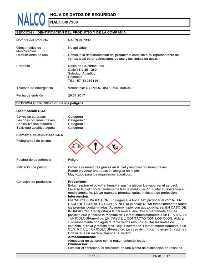 Nalco 7330 - Hoja de Seguridad | PDF | Reciclaje | Agua