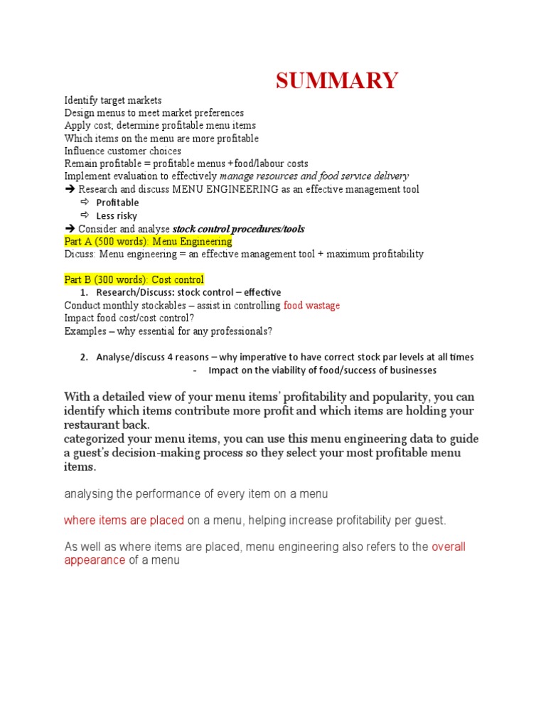 Summary Menu Engineering 2 | PDF | Menu | Business Economics