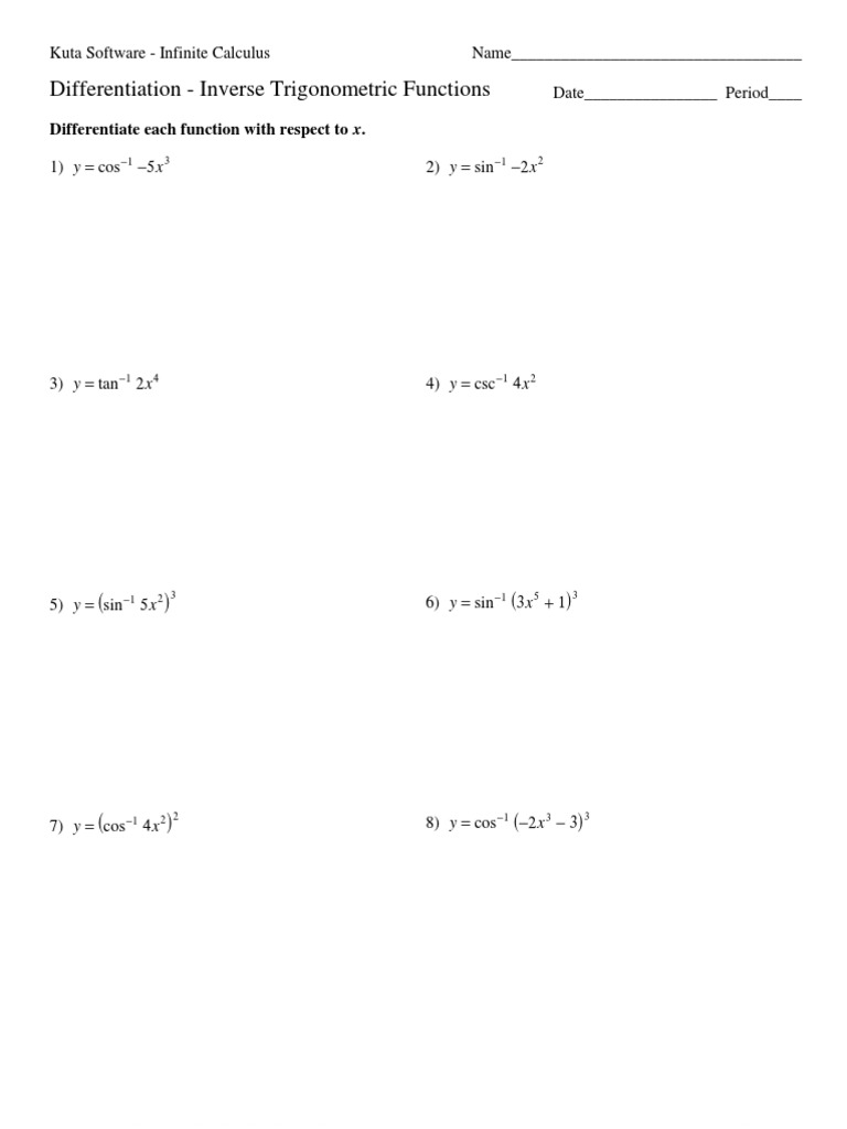 Inverse Trig Function Differentiation Worksheet | PDF | Trigonometric ...