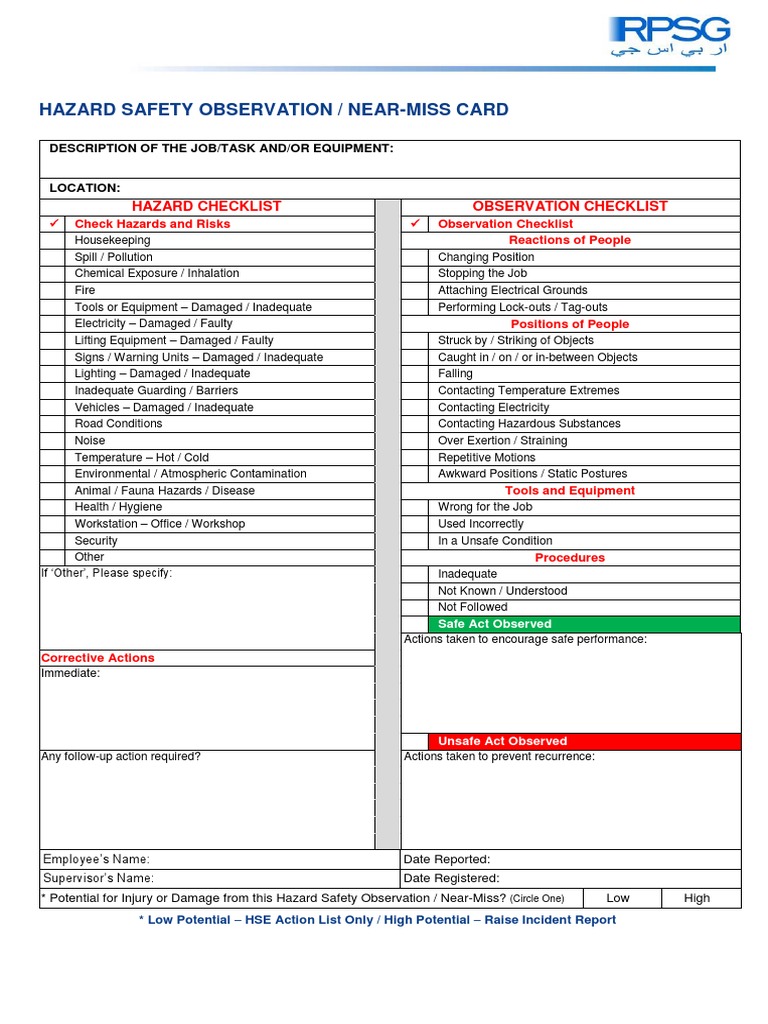 Hazard Safety Observation or Near-Miss Card | PDF
