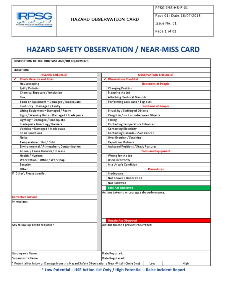 RPSG-IMS-HS-F - 01 - Hazard Observation Card | PDF | Hazards ...