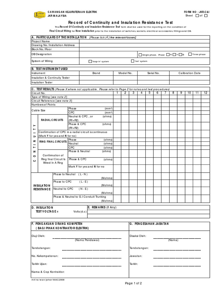 Record of Continuity and Insulation Resistance Test: A. Particulars of ...