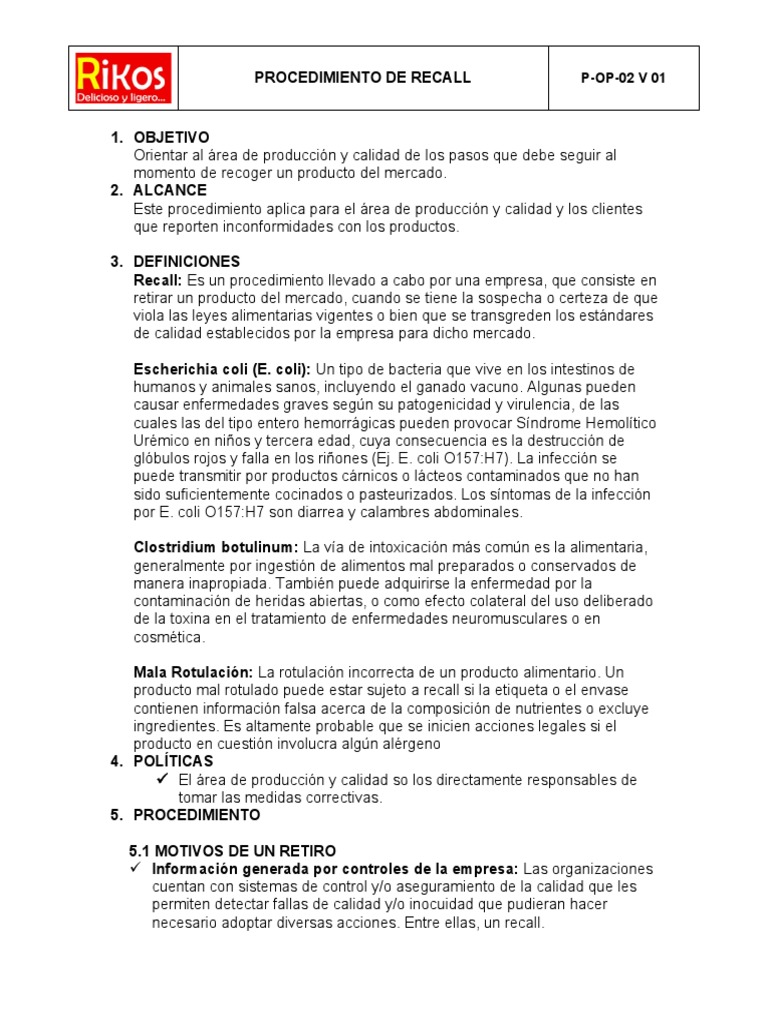 Procedimiento de Recall Alimentario | PDF | Escherichia coli | Calidad ...