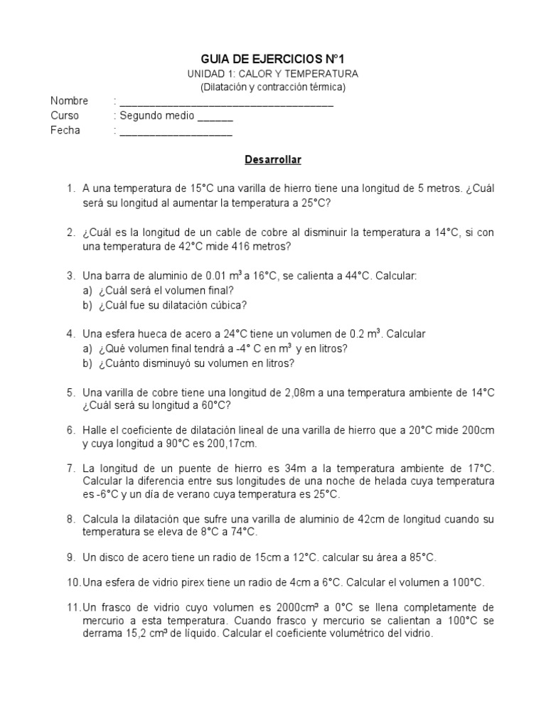 GUIA DE EJERCICIOS Calor y Temperatura | PDF | Expansión térmica | Ingeniería de Edificación