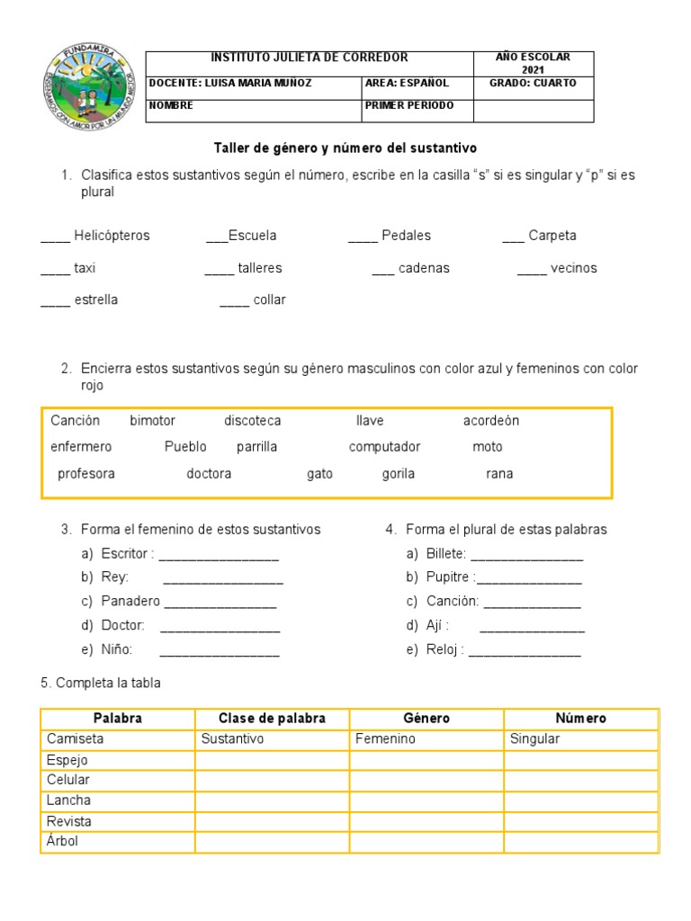 Taller de género y número para 4º grado | PDF
