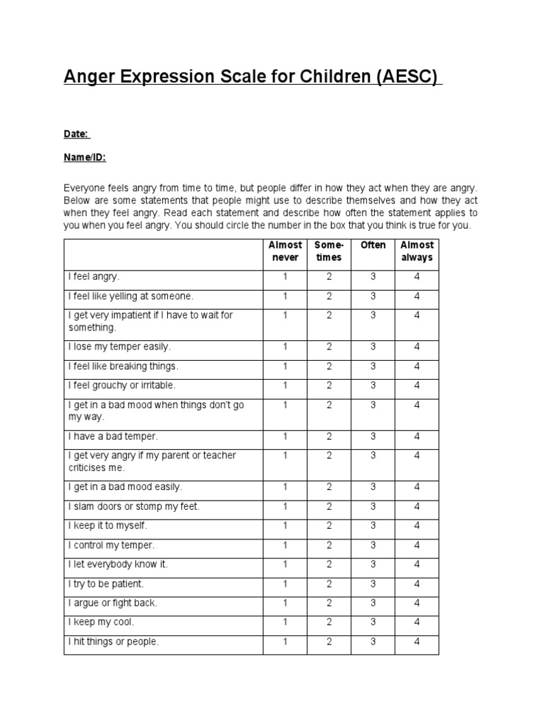 Anger Expression Scale For Children (AESC) | PDF | Anger